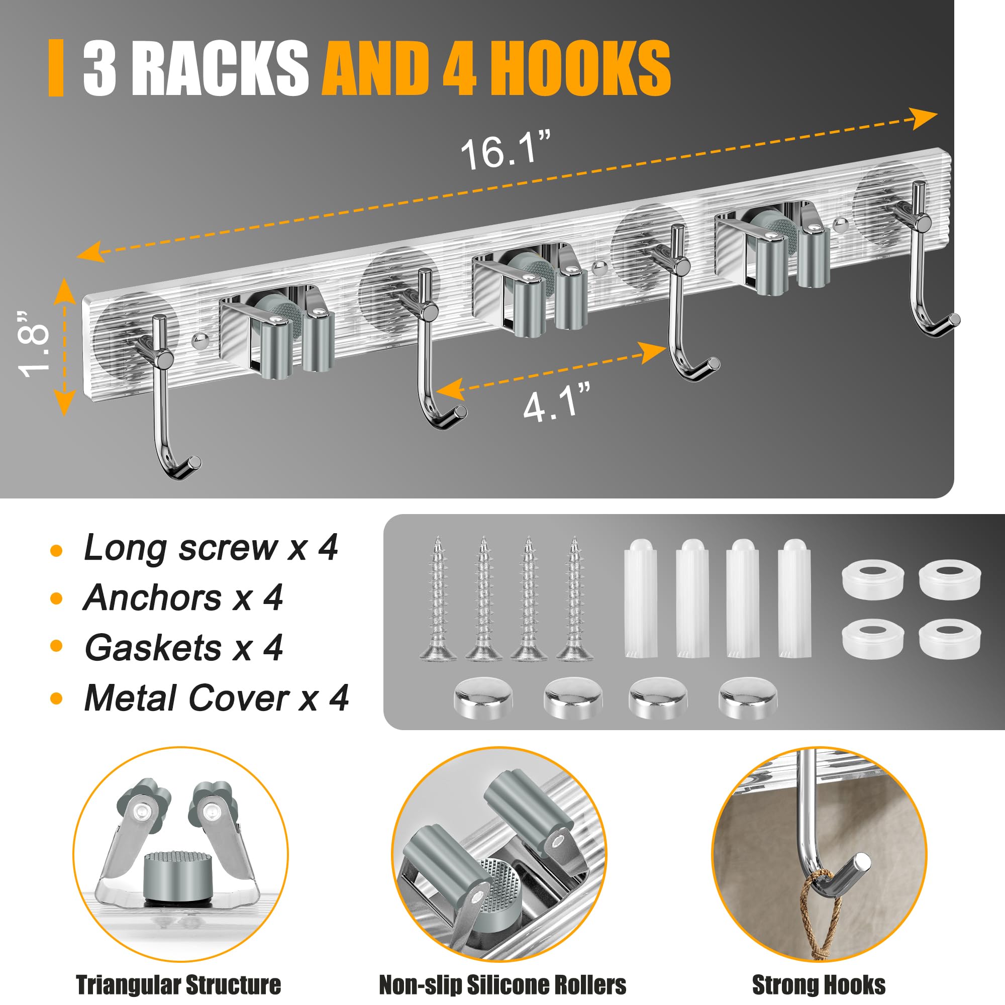 Crosize Transparent Acrylic Broom Holder Mop Hanger Wall Mount, Tools Organizer, 3 Racks and 4 Hooks, Metal Gold