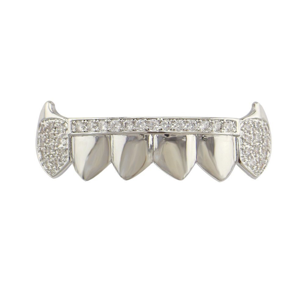 BUUEERR Diamond Grills Shiny Hip Hop Teeth Grillz Caps Iced Out CZ Top and Bottom Vampire Fangs Grillz (Silver)