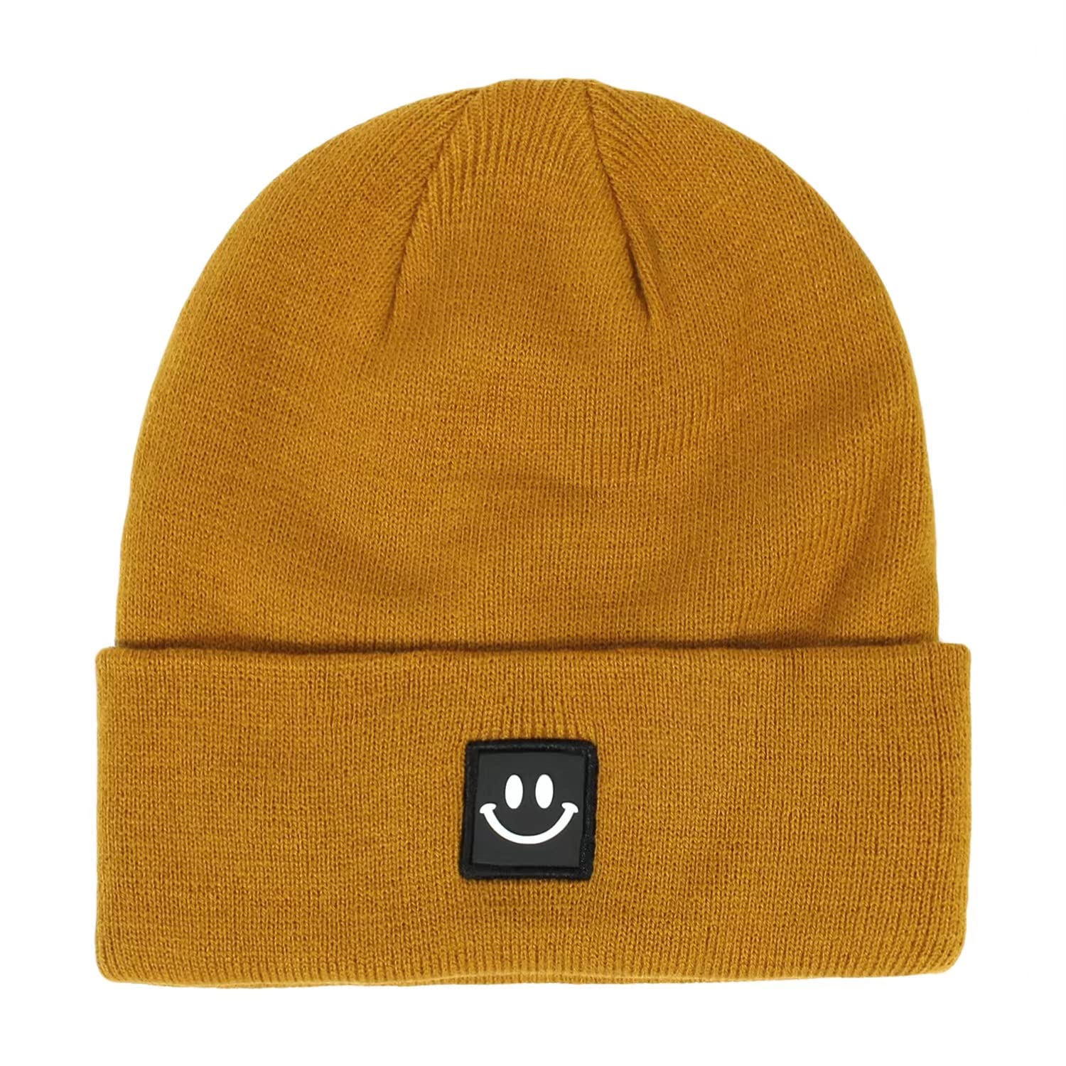 CAZYTOYZ Knit Beanie Hat for Men Women with Smile Face Embroidered Cuffed Slouchy Beanies Winter Warm Skull Hat Ski Hat Camel