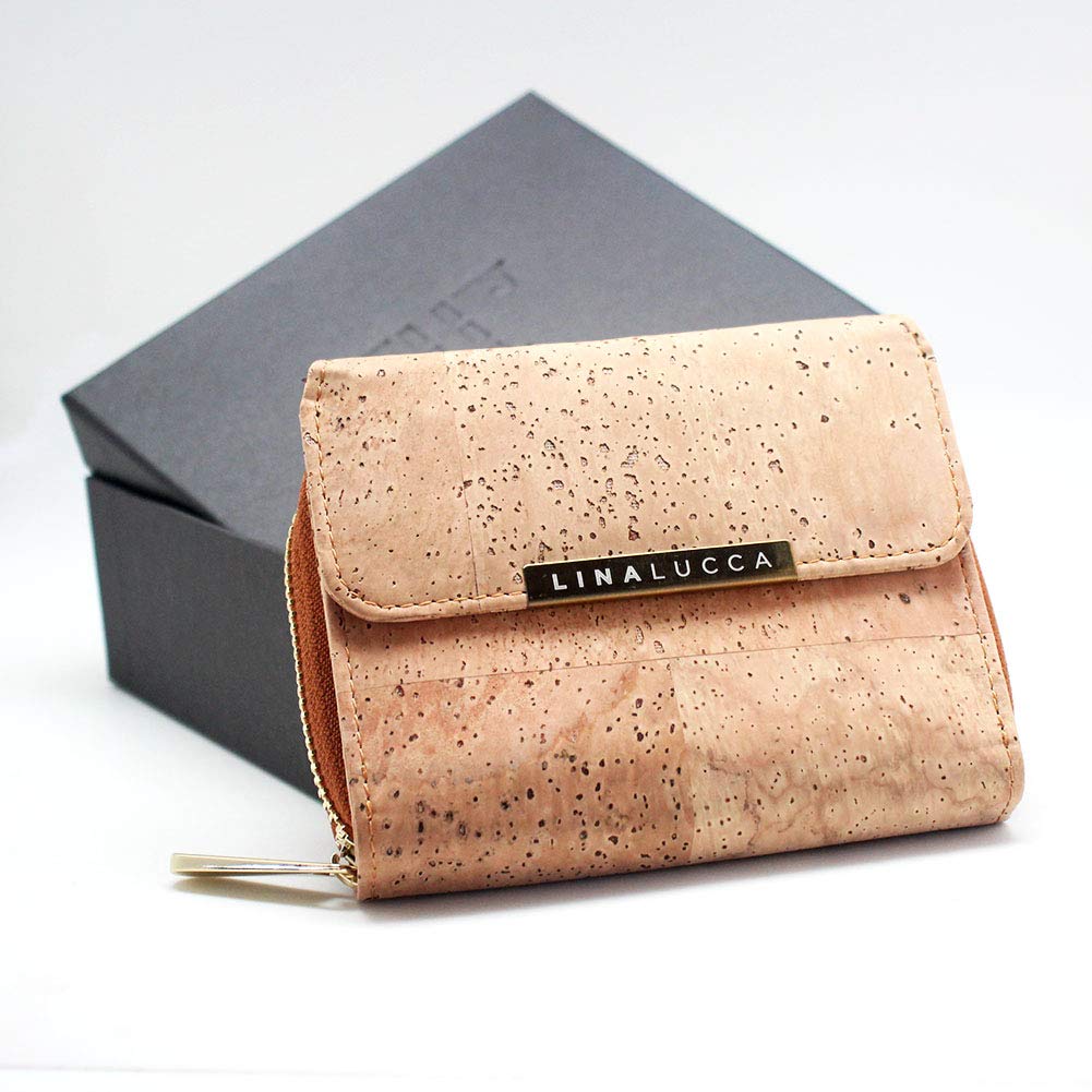 LINALUCCA Cork Wallet – Bifold Women’s Mini Purse – Zippered Coin Purse and 6 Card Holders - Luxurious Design – Eco-Friendly Vegan Leather – Lightweight and Durable – Super Chic Design