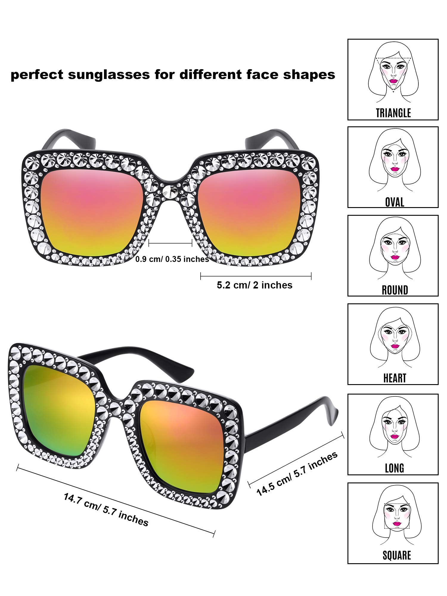 Frienda 6 Pairs Crystal Oversized Square Sunglasses Diamond Glitter Sunglasses Retro Thick Frame Sunglasses(Black, Tawny, Purple, Watermelon Red, Yellow, Silver)
