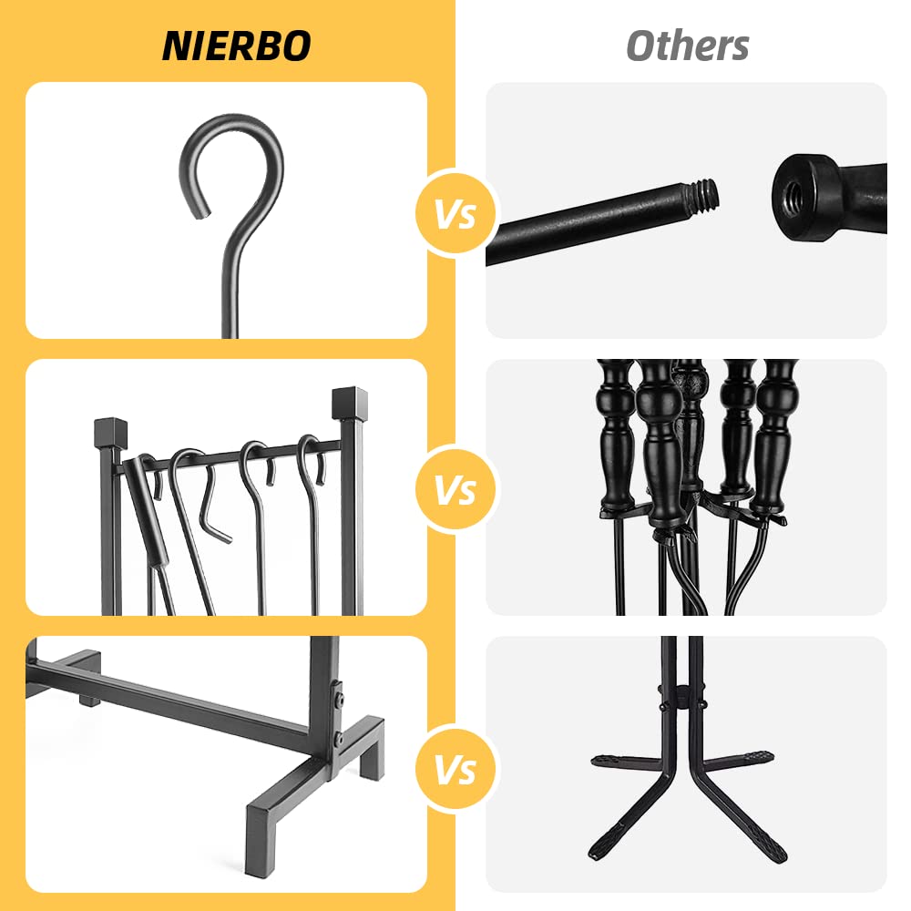 NIERBO 5 Pieces Fireplace Tools Set Strength Wrought Iron Indoor Outdoor Fire Place Toolset Hearth Accessories Kit with Fireplace Brush, Fire Poker, Fireplace Shovel, Firewood Tong