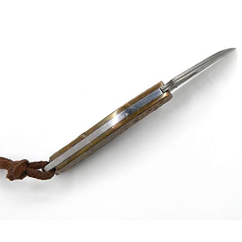 Cool Hand 2'' EDC Flip Joint Folding Knife, Small Pocket Knives w/ 1.25'' VG10 Damascus Steel Blade, Brass Handle w/Leather Lanyard,Tin Box Packaging