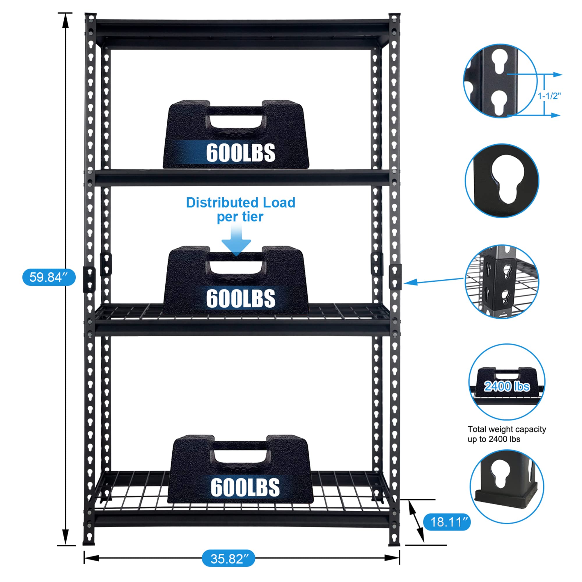 Pachira 36" W x 18" D x 60" H Adjustable Height 4-Shelf Steel Shelving Unit Utility Organizer Rack for Home, Office, and Warehouse, Black