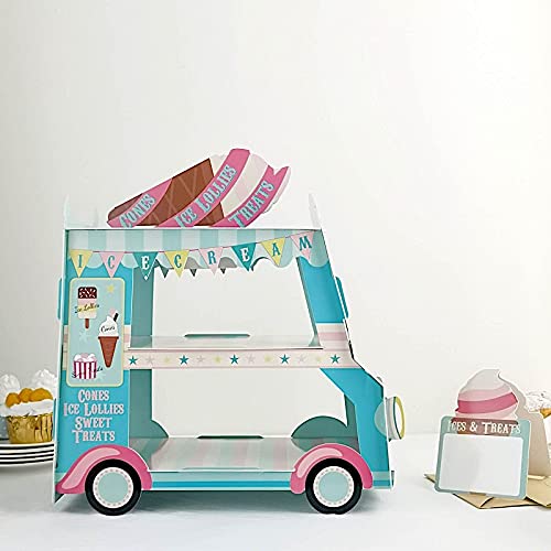 BalsaCircle 16-Inch Blue with Pink 3 Tier Cardboard Ice Cream Truck Cupcake Dessert Stand Wedding Party Events Decorations Supplies