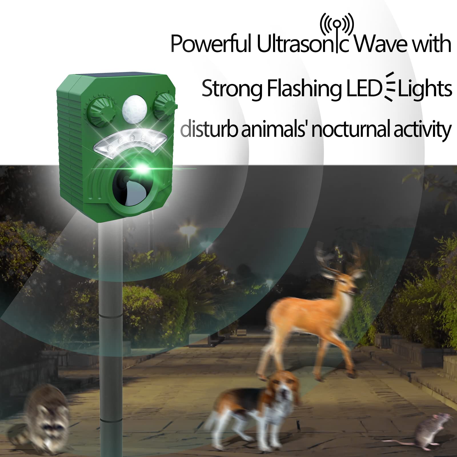 Bocianelli Animal Deterrent for Yard with Motion Sensor & Flashing Light, Repels Cat, Dog, Squirrel, Raccoon, Skunk, Rabbit, Rodent, Fox, Deer 0821