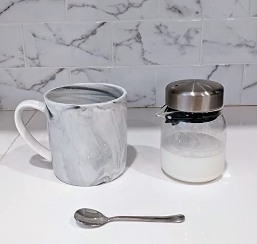 J&M DESIGN Sugar Bowl With Lid And Spoon Creamer & Dispenser Bowls Set For Kitchen Countertop Coffee Bar Accessories Containers Glass Milk Carton 7oz Holder Sugar Container Jar Stainless Steel Lid