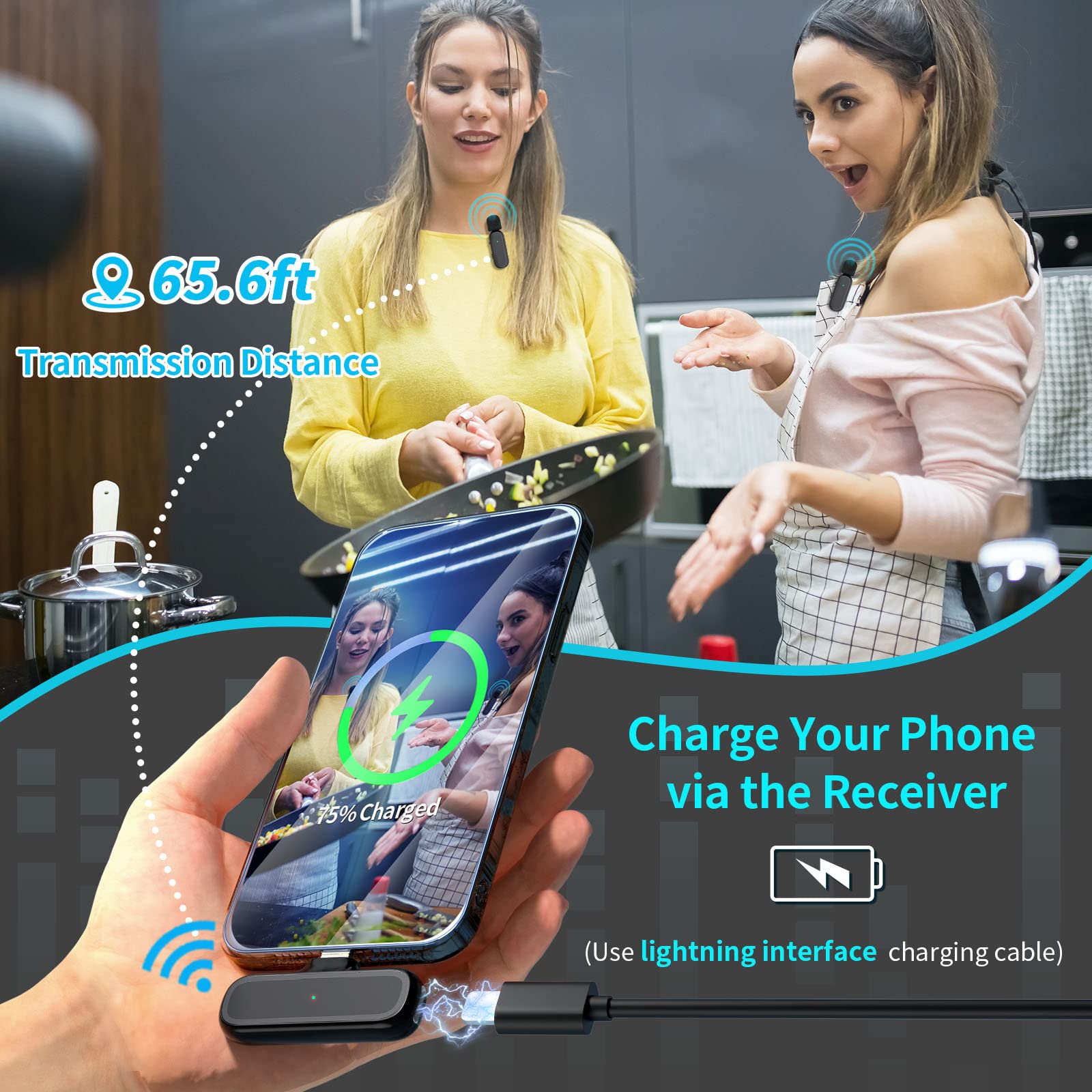 Booinxaa Dual Plug-Play Wireless Lavalier Microphones for iPhone/iPad, 2.4GHz Mini Lapel Recording Mic with Charging Case/Earphone, Auto-Sync Noise Reduction Microphone for TikTok, YouTube, Vlog