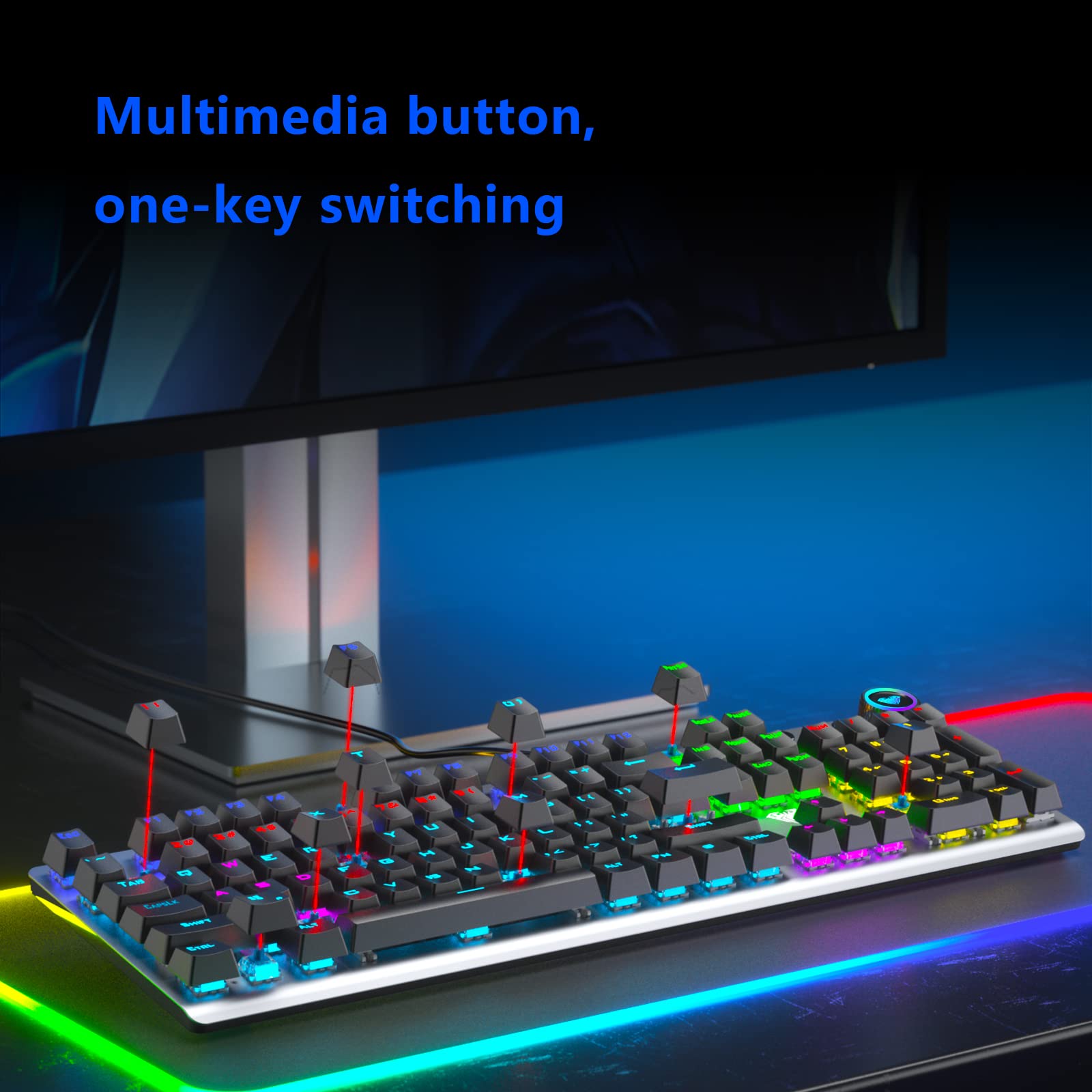 CC MALL Mechanical Gaming Keyboard,with Cool RGB LED Rainbow Gaming Backlit,Blue and Brown Switch Dual Sense,104 Anti-Ghosting Keys,Multimedia Control for PC and Desktop Computer