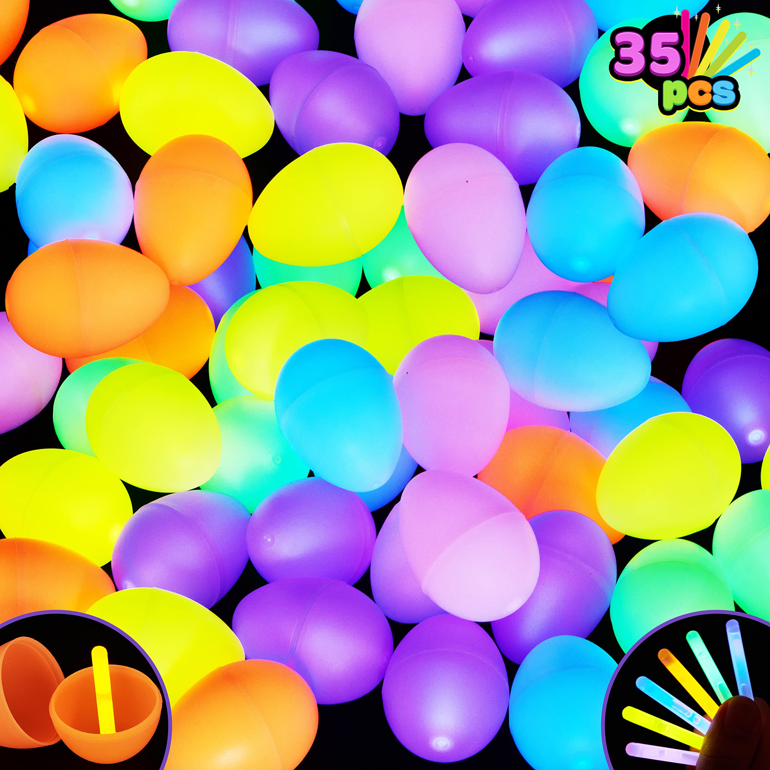 JOYIN 35 Easter Eggs with Mini Sticks (70PCs Total) for Kids Glow-in-The-Dark Basket Stuffers Fillers Gift, Easter Hunt Game Party Favors Decorations Supplies, Classroom Prizes.