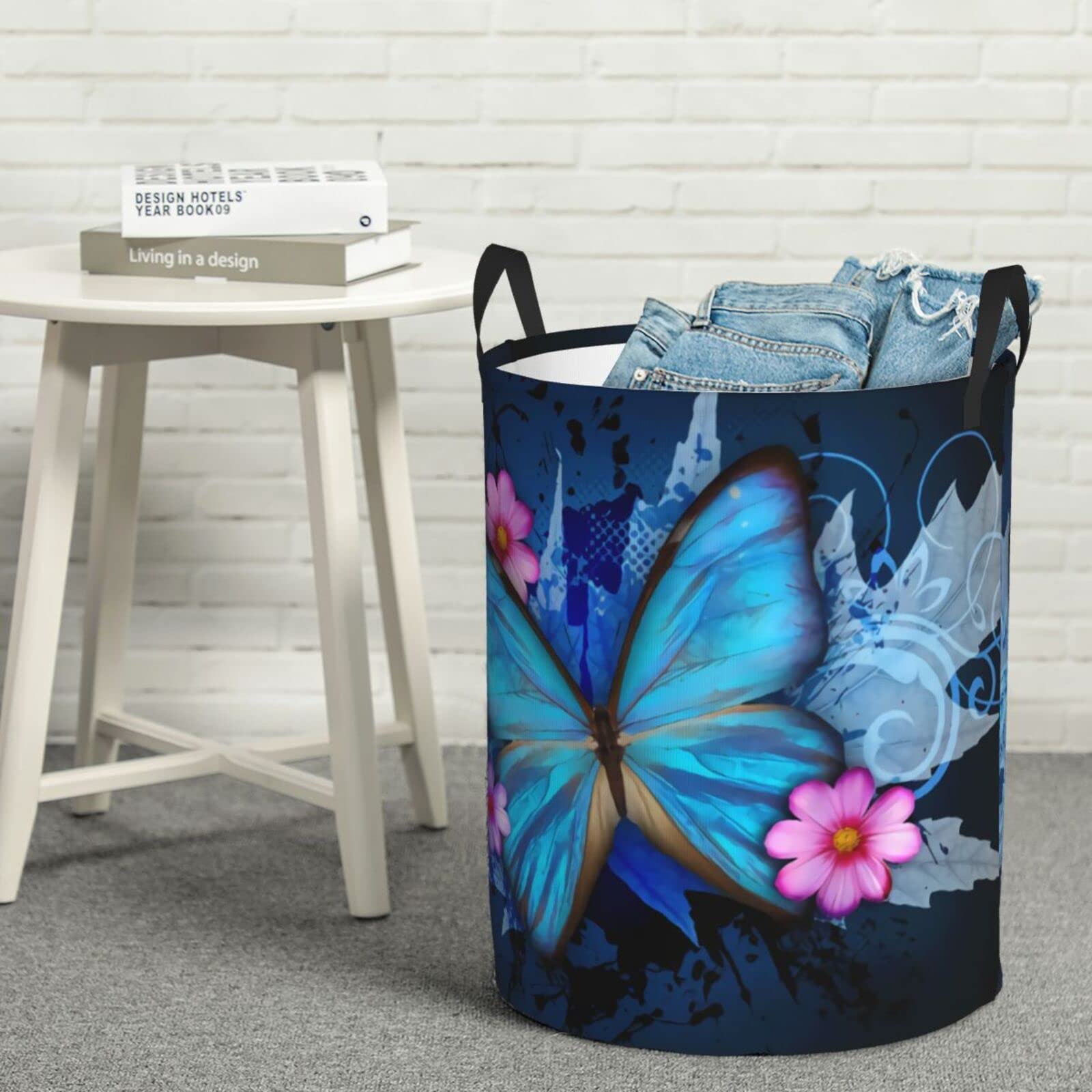Blue Butterfly Laundry Hamper With Handle Foldable Durable Laundry Basket Storage Bin Dirty Clothes Organizer Bag For Bedroom Bathroom Nursery