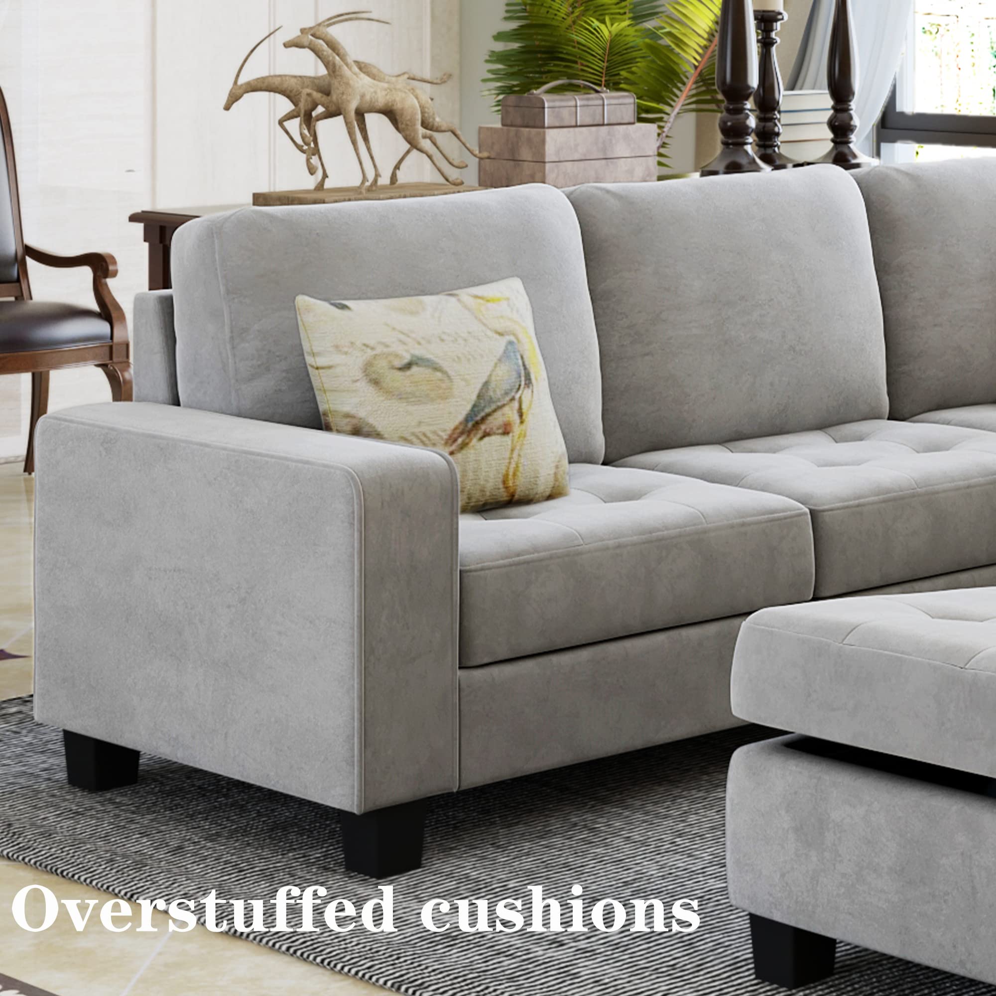 Merax 2 Piece Sectional Corner Sofa, Living Room Modern Velvet Couch Space Saving Cup Holders, L-Shape with Storage Ottoman, Silver Grey
