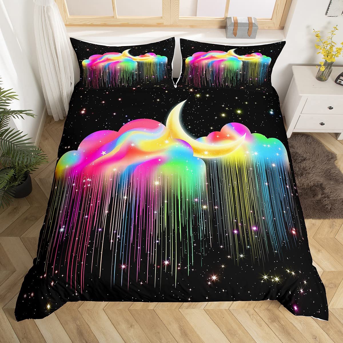 Rainbow 3D Print Clouds Duvet Cover Set Queen Size,Starry Galaxy Moon Night Bedding 3 pcs for Fancy Home Decor,Gradient Watercolor Bedding Set for Adults Men Women,Colorful,2 Pillowcases