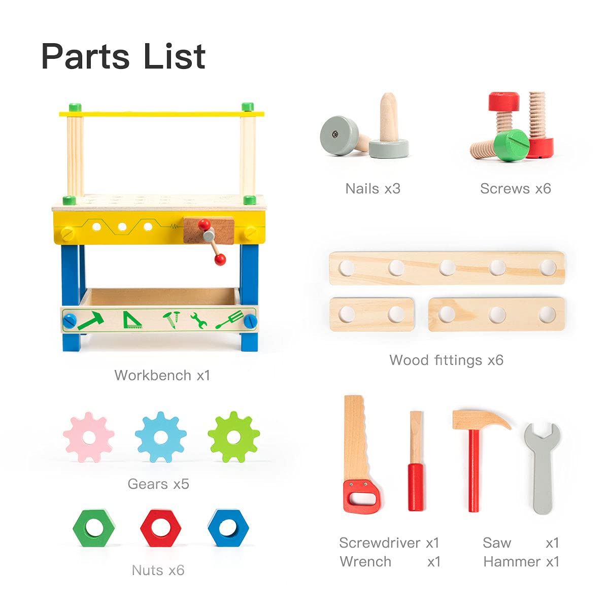 ROBUD Kids Tool Bench Small Wooden Kids Workbench Toy Tool Bench Pretend Play Construction Toy Building Tools Set for Toddlers