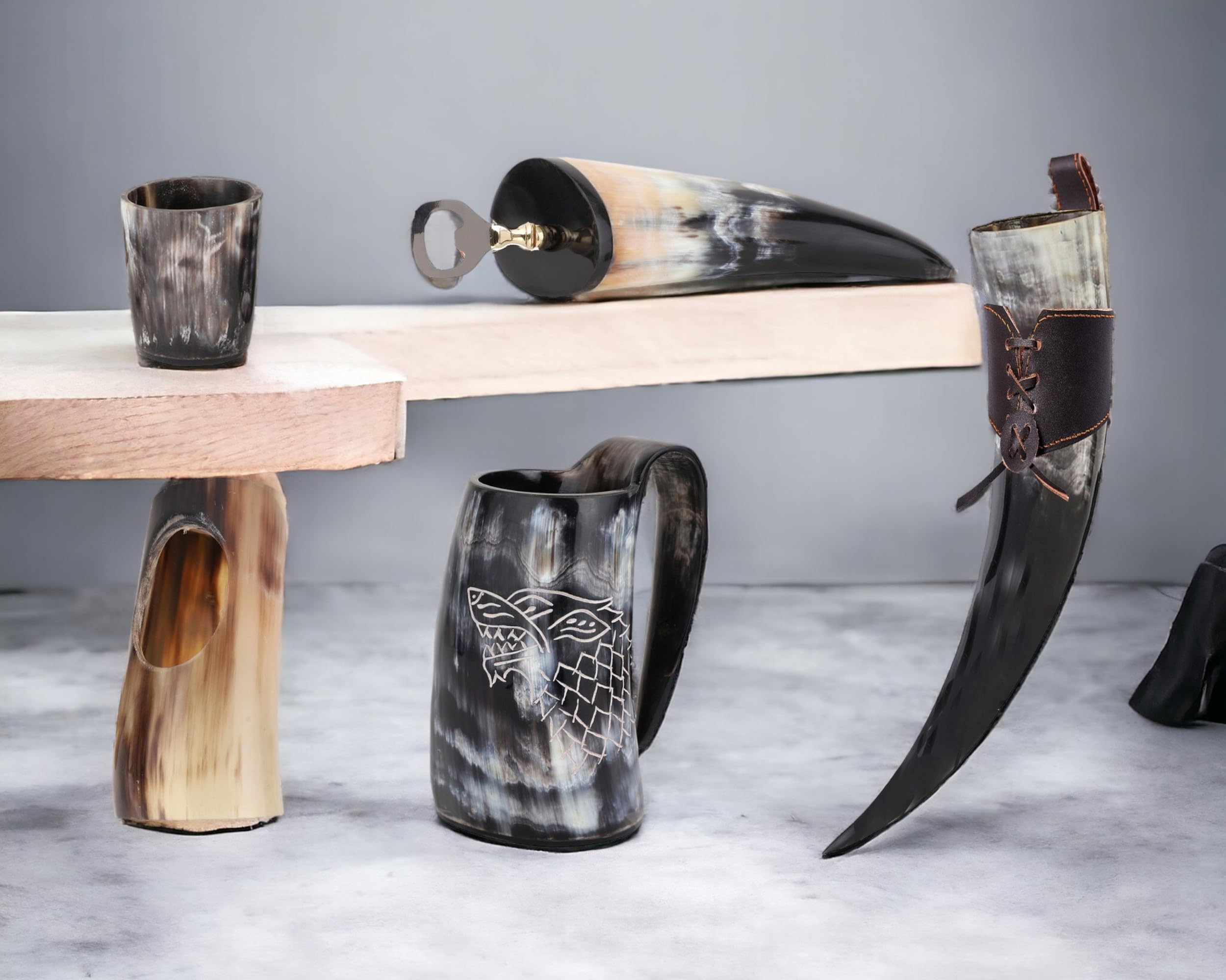 Brainmart Viking Drinking Horn Mug Set Dire Wolf Engraved Viking Gift for Men and Women Food Grade Medieval Style | Bottle Opener Shot Cup (6 Pcs Set)