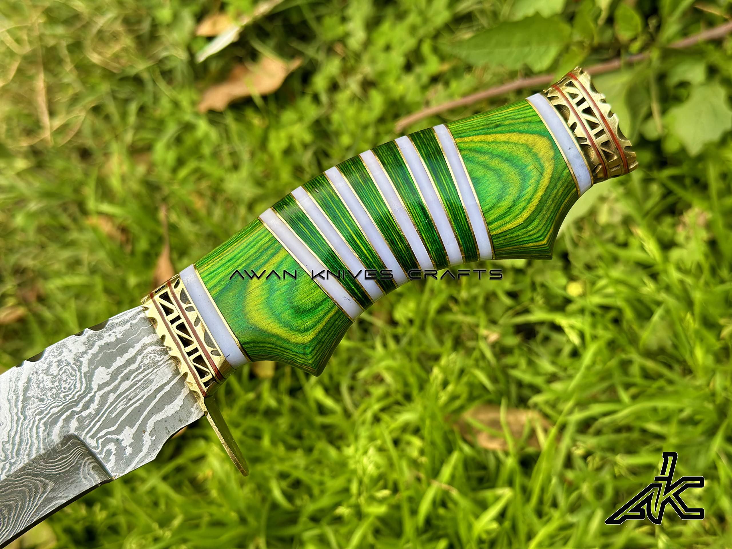 Awan Knives Crafts - 12" Handmade Damascus Hunting Knife with Sheath - Unique Fixed Blade Knife for Men - Exotic Wood Handle - Choose Your Color (Green)