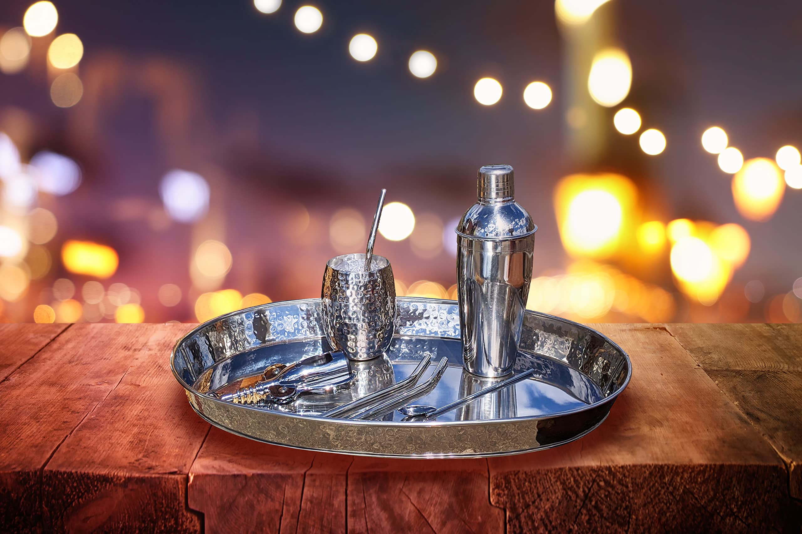BREKX Metal Serving Tray 21" x 14" - Decorative Hammered Platter for Barware, Kitchenware, Coffee Tables (Stainless Steel)