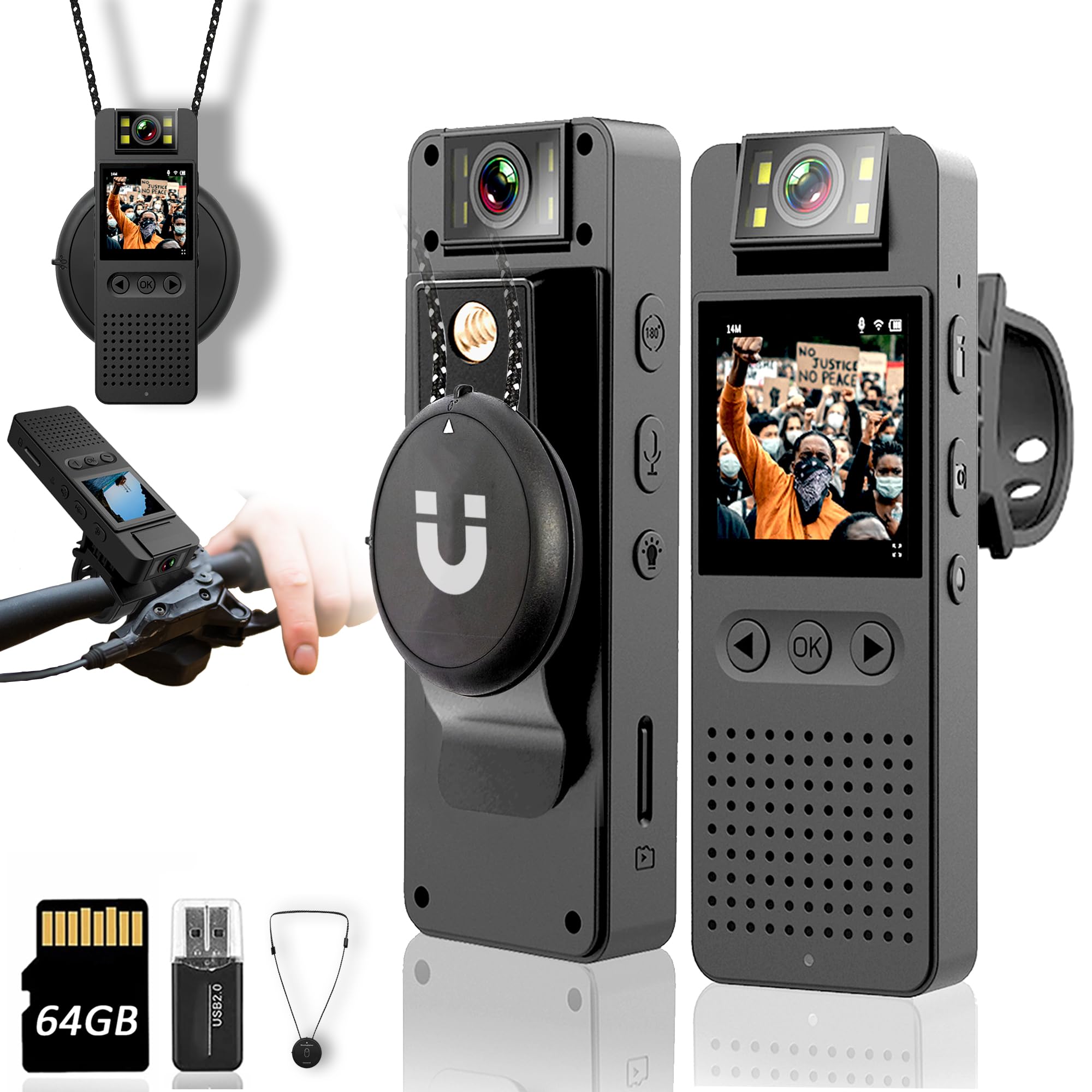Body Camera with 1080P HD Recording 1.4 in Screen Recorder With 64GB Card, Flashlight Mode, Loop Record, 6HR Battery Life Wearable Cameras Police Cop Cam for Outdoor, Law Enforcement, Guard, Travel