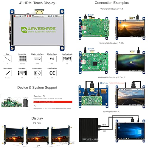 waveshare 4inch Resistive Touch Screen LCD Compatible with Raspberry Pi 4B/3B+/3A+/2B/B+/A+/Zero/Zero W/WH/Zero 2W CM3+/4 480×800 Resolution HDMI IPS Low Power Consumption Supports Windows