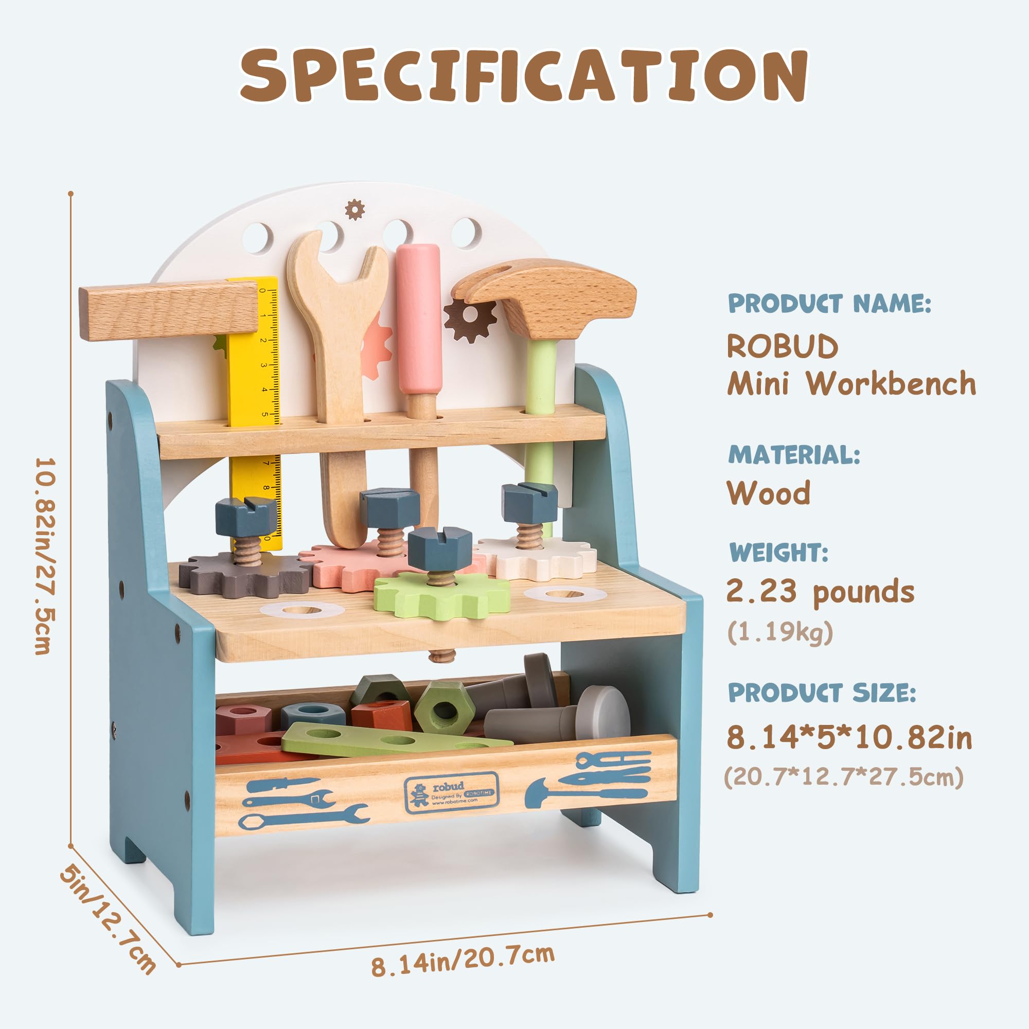 ROBUD Mini Wooden Play Tool Workbench Set for Kids Toddlers - Construction Toys Gift for 36 Months 3 4 5 Years Old Boys Girls