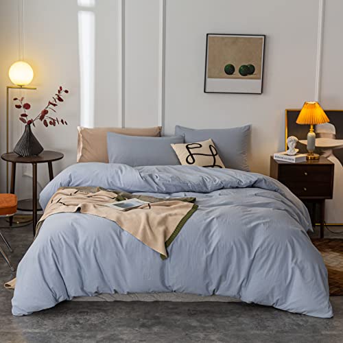 Janlive Washed Cotton Duvet Cover Twin Ultra Soft 100% Cotton Solid Color Light Blue Duvet Cover Set with Zipper Closure -2 Pieces Light Blue Twin