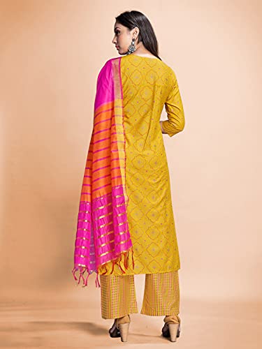 Indian Kurti With Pant & Dupatta For Womens |Rayon Printed Kurta Kurtis For Women Tunic Set Yellow