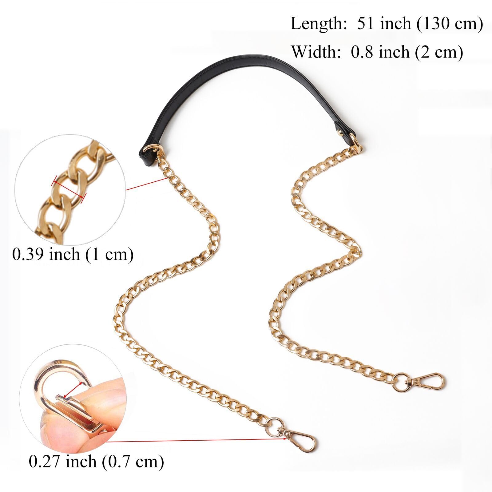 BEAULEGAN Purse Chain Strap Replacement for Shoulder and Crossbody Bag, Lightweight, 51 Inch Long 0.8 Inch Wide (Black/Gold)