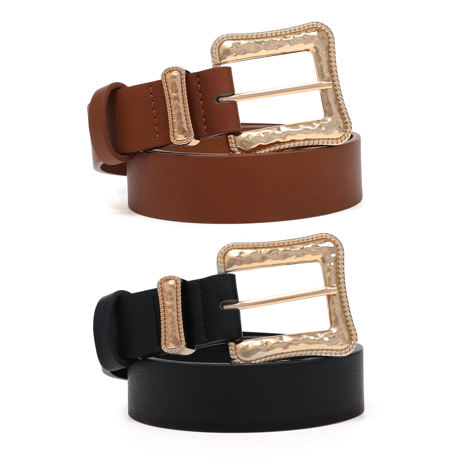AWAYTR Leather Western Belts for Women - 2 pcs Ladies Vintage Design PU Leather Waist Plus Size Belt for Pants Dresses (Black/Brown,47inch)