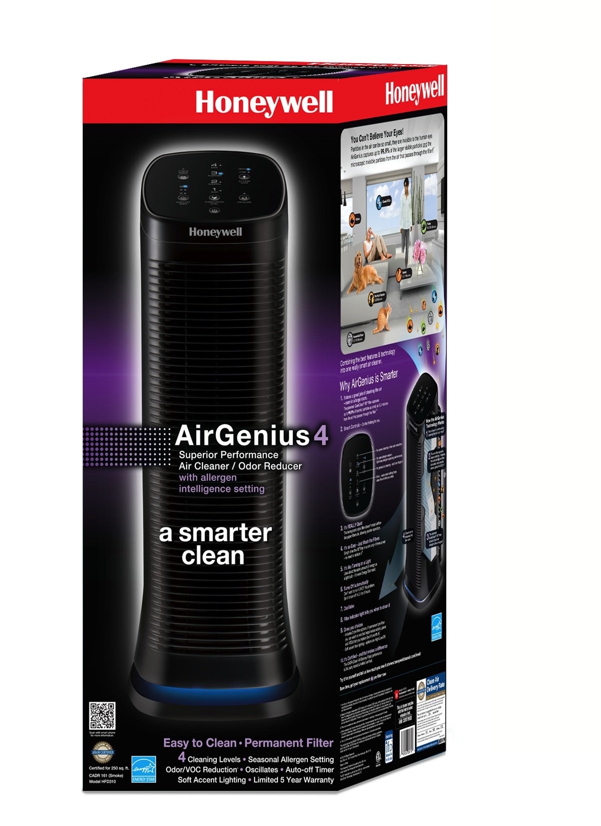 Honeywell HFD310 AirGenius4 Air Cleaner/Odor Reducer 250 sq ft With 4 Settings, Washable Permanent Filter & Auto Shut Off