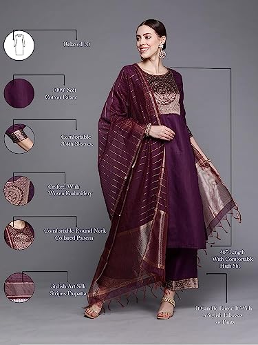 INDO ERA Indian Women's Magenta Cotton Blend Yoke Design Calf Length Straight Kurta Palazzo With Dupatta Set