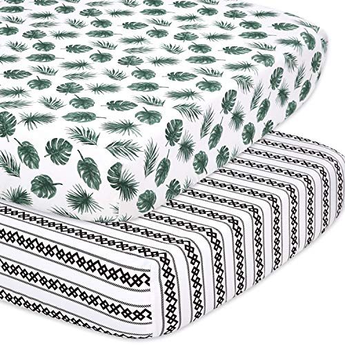 The Peanutshell Fitted Crib Sheet Set for Baby Boys or Girls - 2 Pack - Botanical Leaf & Stripe