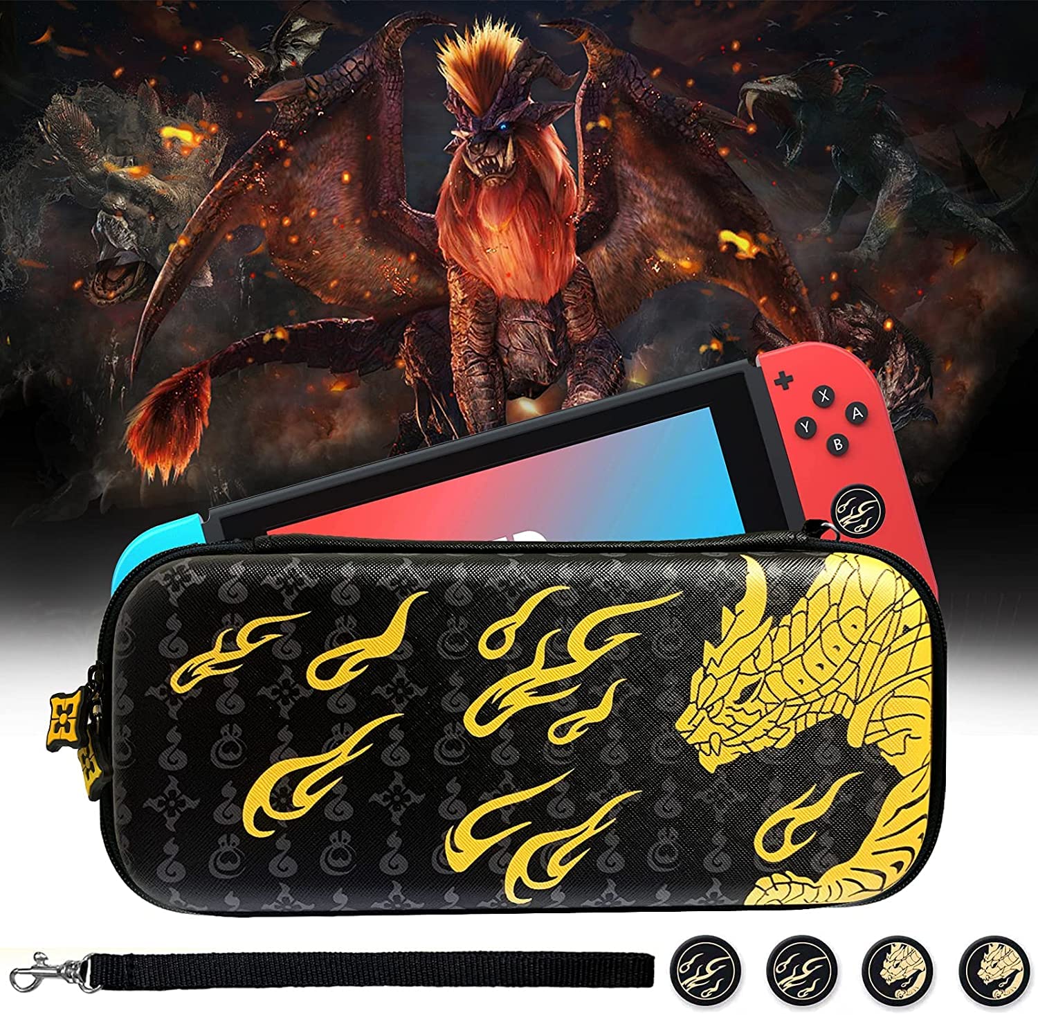 Frusde for Switch Carry Case Monster Hunter Rise, Portable Carrying Case for Switch with 4 MHR Silicone Thumb Grip Caps, Travel Case Cover with 10 Playing Card Slots for Switch Console & Accessories