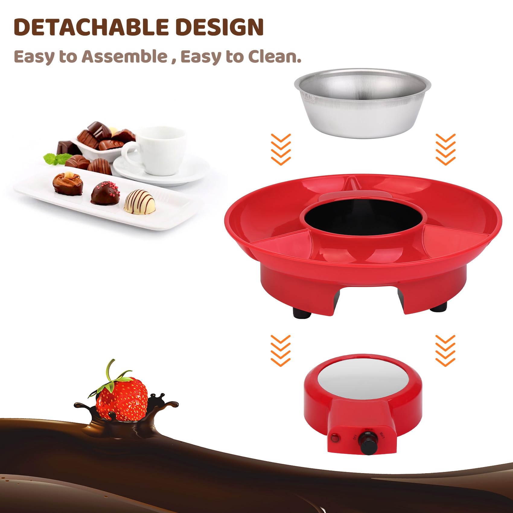 Beyoung Electric Fondue Pot,Chocolate Fondue Maker With Temperature Control and Detachable Serving Trays Great for Dipping Snacks,Bread in Chocolate,Meaningful Birthday Wedding Day Gift,Red