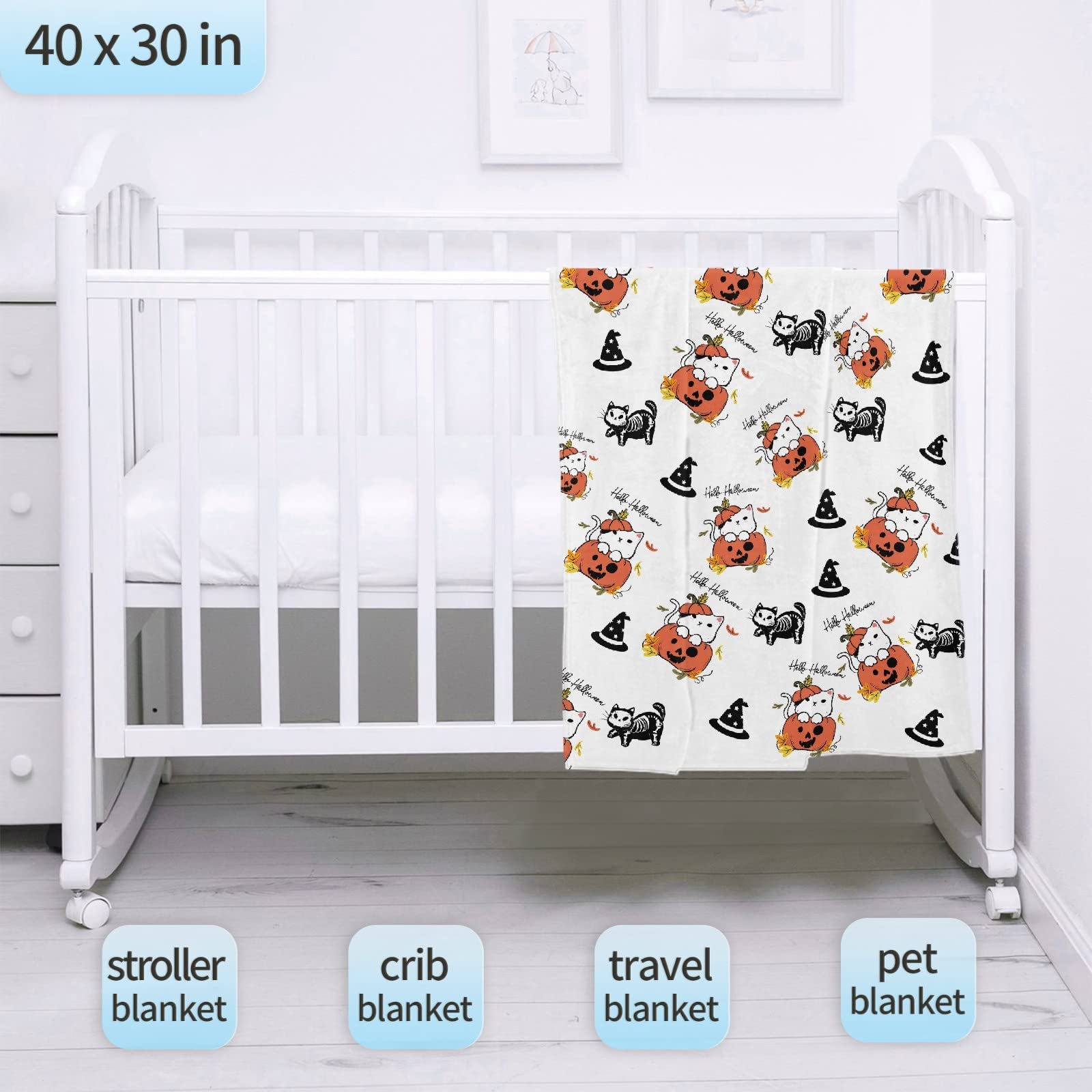 Halloween Pumpkin Cute Cat Skeleton Blanket Microfiber Flannel Throw Lightweight Super Soft Cozy Blankets for Couch Bed Sofa Chair, Gift for Birthday Thanksgiving Halloween 50"x40"for Kids