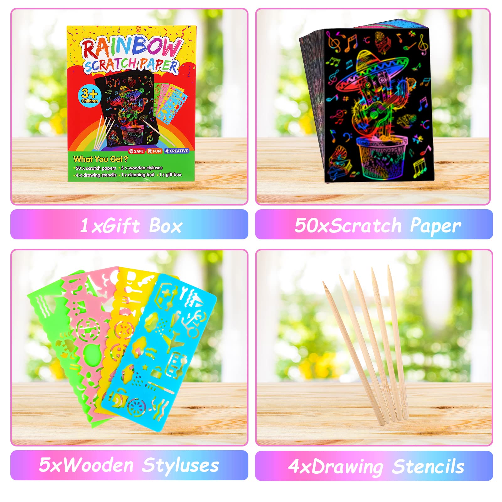 Scratch Art for Kids - 50 Pcs Black Scratch Off Art Paper, Rainbow Scratch Art with 5 Stylus and 4 Stencils, 4.9" X 7.1", Arts and Crafts for Kids Party Games Easter Christmas Birthday - Cactus