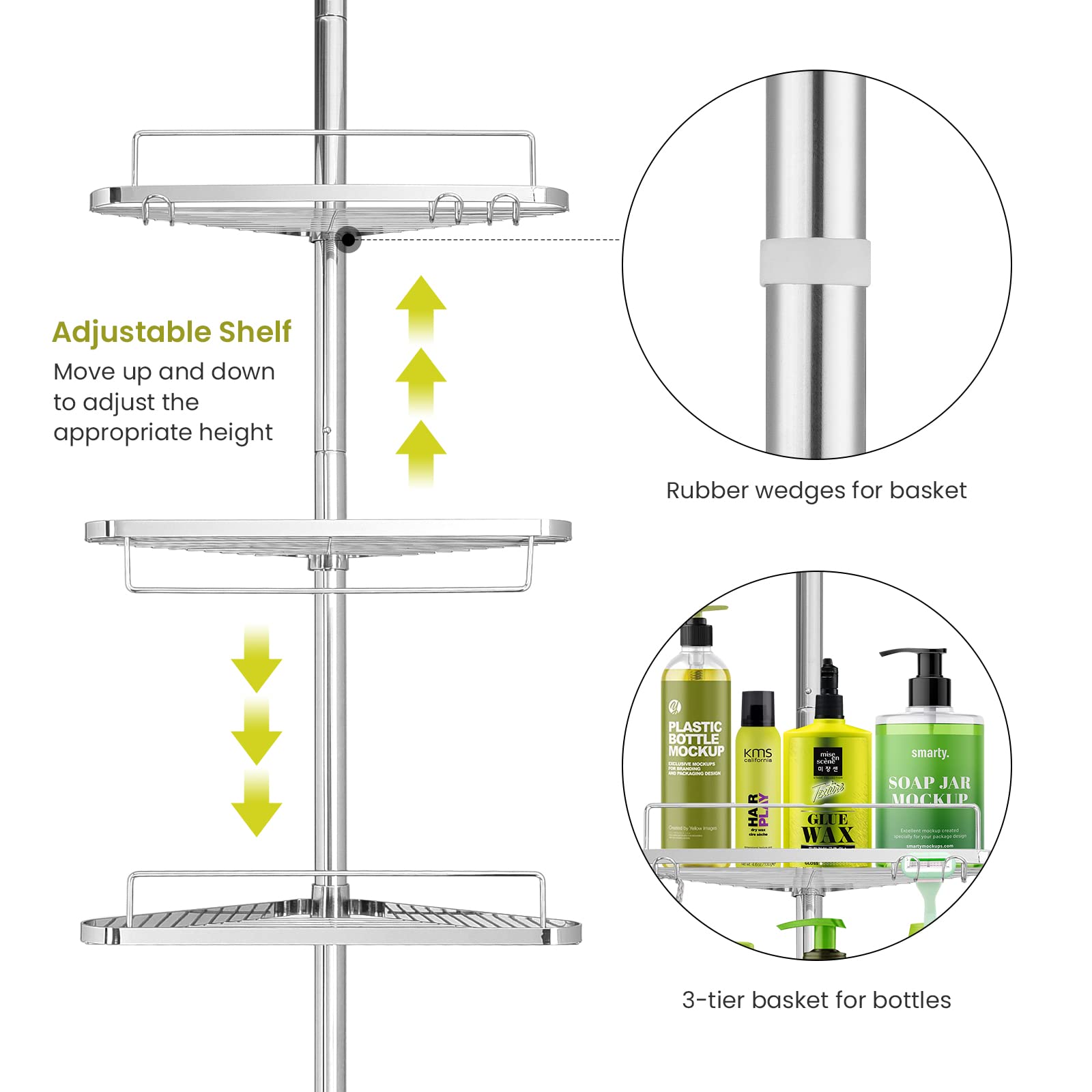 Shower Caddy Tension Pole 4-Tier Adjustable Rustproof Stainless Steel Corner Shower Caddy Tension Pole Drill-Free Standing Shower Tension Rod Organizer for Bathtub Shampoo Storage, 59 To 110 Inch
