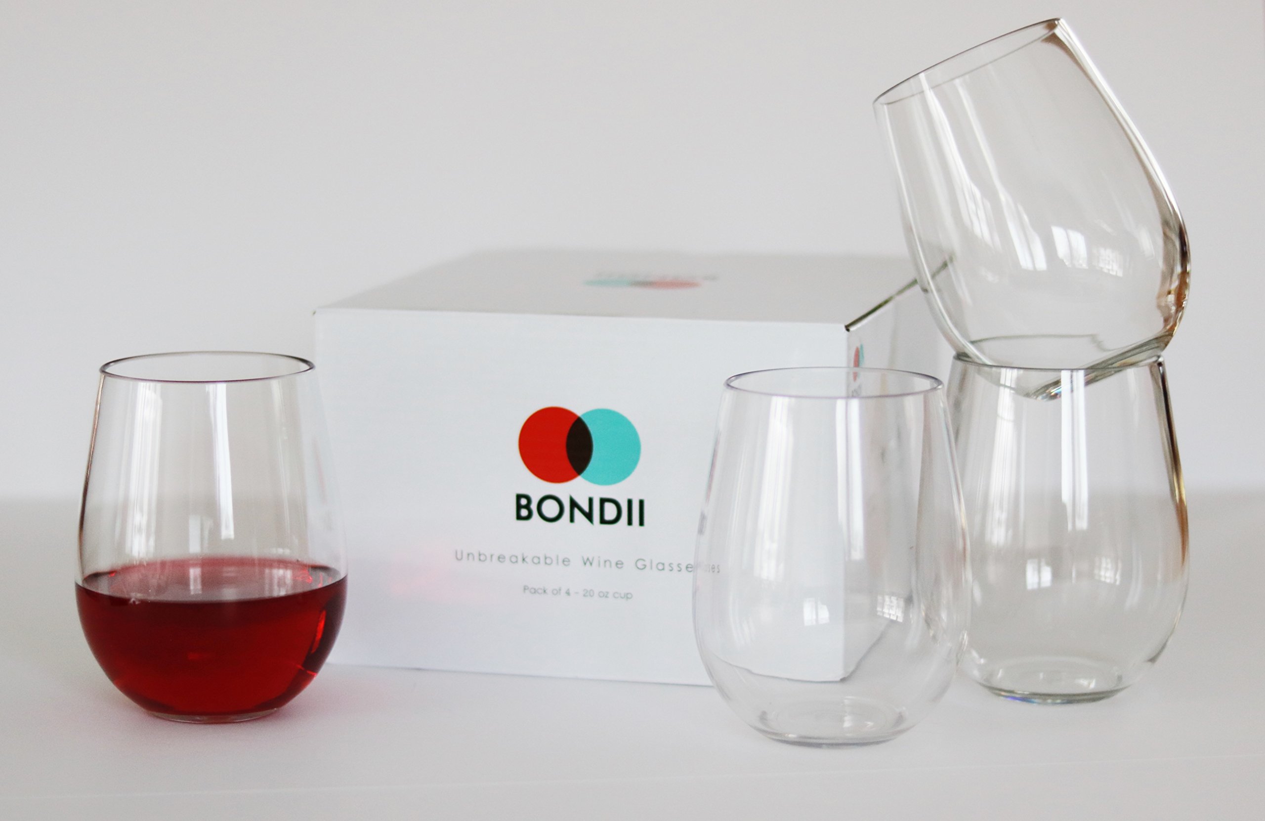 BONDII Unbreakable Stemless Wine Glasses (Set of 4) - 20 oz Shatterproof Tritan Plastic Wine Cups - 100% Top Rack Dishwasher Safe - For Indoor or Outdoor Use