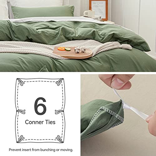 JELLYMONI Green 100% Washed Cotton Duvet Cover Set, 3 Pieces Luxury Soft Bedding Set with Zipper Closure. Solid Color Pattern Duvet Cover Queen Size(No Comforter)