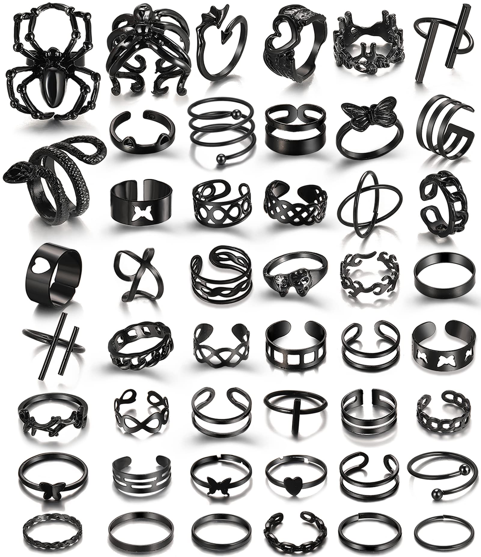 Black Rings for Men Women, Goth Punk Rings Set, Cool Gothic Adjustable Ring Pack, Vintage Stackable Animal Rings Bulk, Vintage Chunky Knuckle Emo Rings, Boho Snake Spider Eboy Open Rings Y2K Accessories (Spider heart)