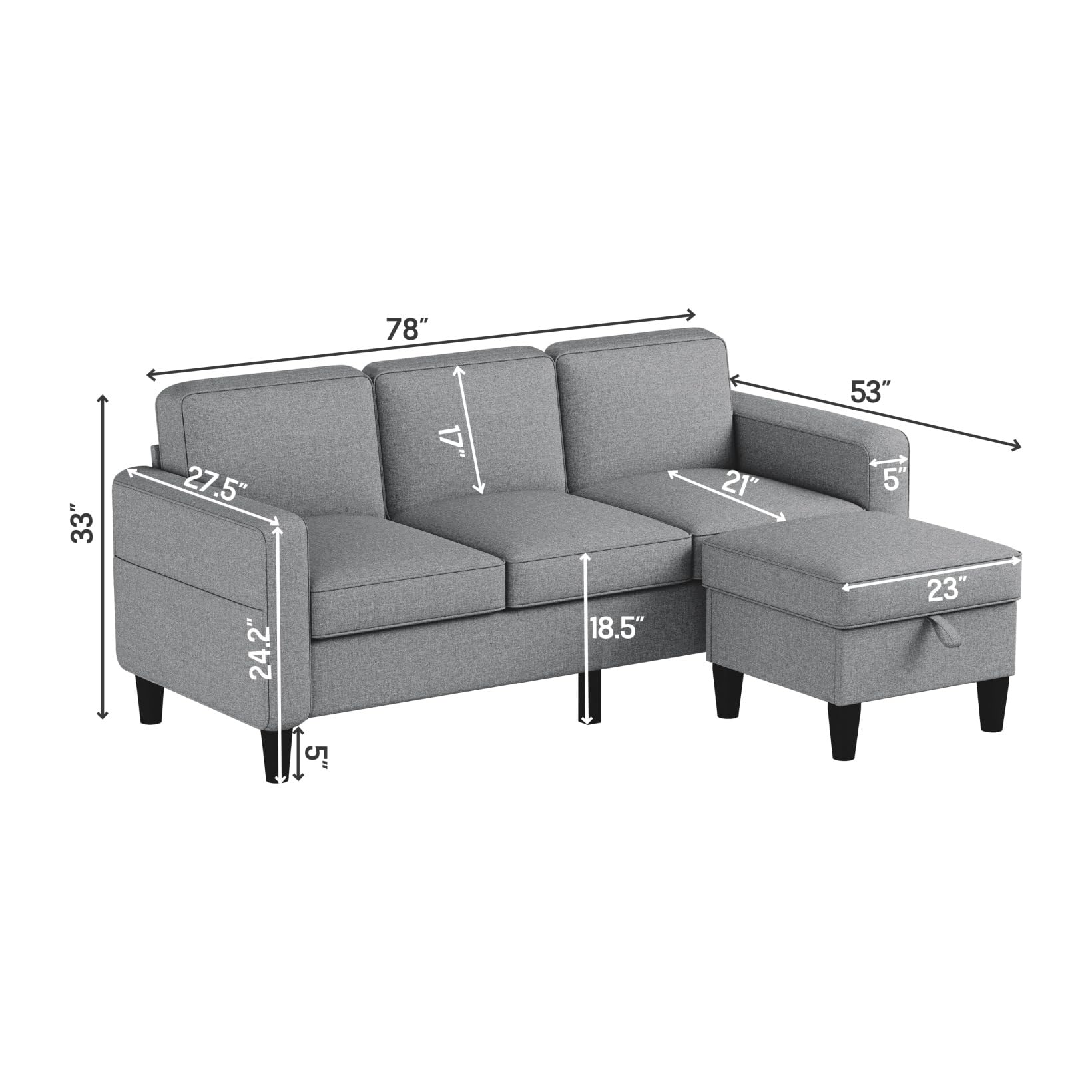 Convertible Sectional Sofa Couch, L-Shaped Sofa with Movable Ottoman and Side Pocket, Cloud Couch 3 Seat Sofa for Living Room Office Small Apartments, 680 LBS Capacity, Dark Gray