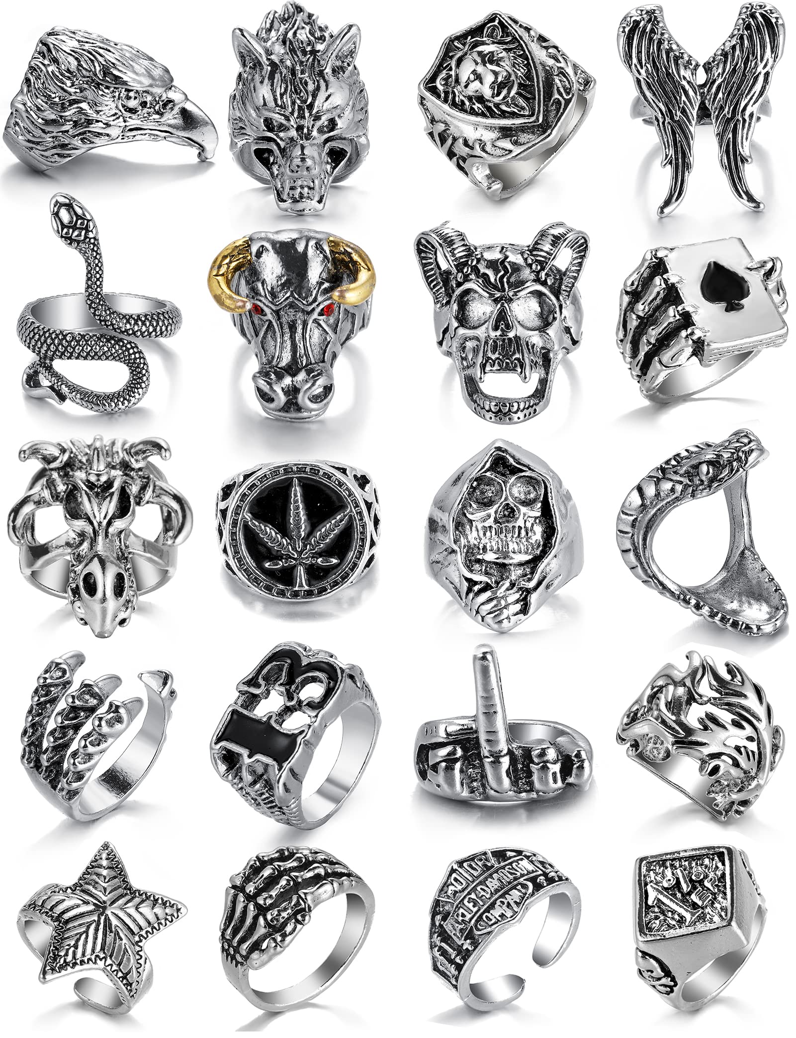 Black Rings for Men Women Girls, Goth Punk Rings Set, Cool Gothic Adjustable Ring Pack, Vintage Stackable Animal Rings Bulk, Vintage Chunky Knuckle Emo Rings, Boho Snake Spider Eboy Open Rings Y2K Accessories (Chunky big guth rings-20 pcs)