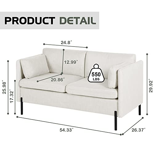 LINLUX 55''W Upholstered Modern Loveseat Sofa Couch for Living Room, Fabric Small Love Seat w/ 2 Pillows and Iron Legs, 2 Seat Small Couches for Small Spaces, Bedroom, Apartment, Office, Light Beige