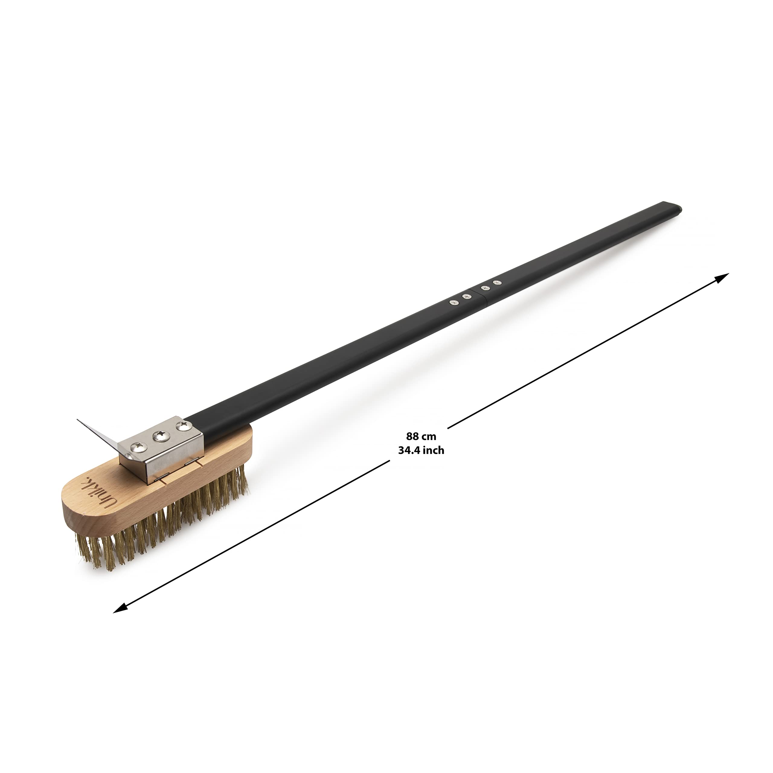 Unikk. Pizza Oven Brush with Scraper β 35β Long Adjustable Heavy Duty Aluminum Handle - Brass Bristles Brush for Pizza Stone with Grater and Screwdriver