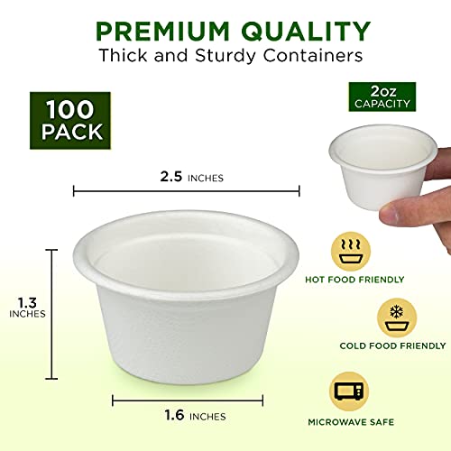 Fit Meal Prep [100 Pack] 2 Oz 100% Compostable Disposable Condiment Cups, Biodegradable Bagasse Fiber Souffle Portion Cups, Eco-Friendly Sample Cups for Tasting, Dip Sauce, Snack, Microwave Safe