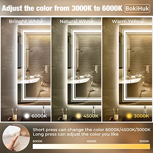 BokiHuk Led Bathroom Mirror with Lights, 40x24 inch Wall Mounted Lighted Vanity Mirror, Makeup Mirror Dimmable Anti-Fog with 3 Colors Light, Waterproof (Backlit & Front-Lighted)