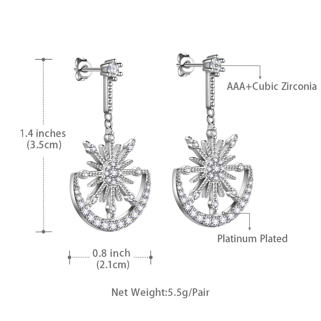 Beautlace Star and Moon Stud Earrings Silver Plated Crescent Moon Stars Dangle Earrings Jewelry Gift for Women KE0088W