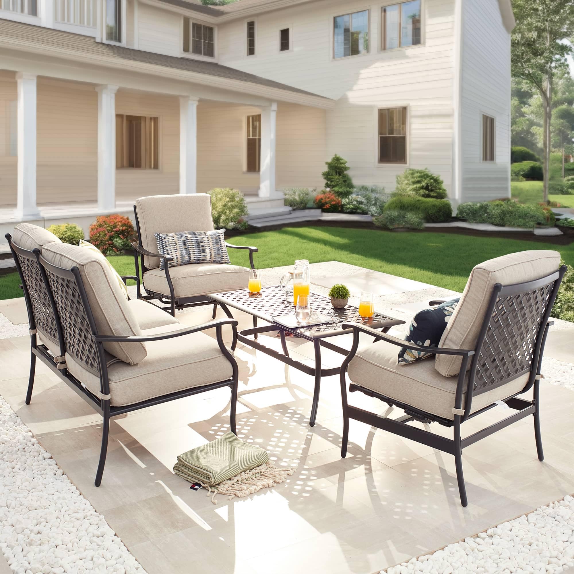 PatioFestival Patio Conversation Set 4-Piece Cushioned Outdoor Furniture Sets with All Weather Frame for Porch Backyard Lawn(Beige)