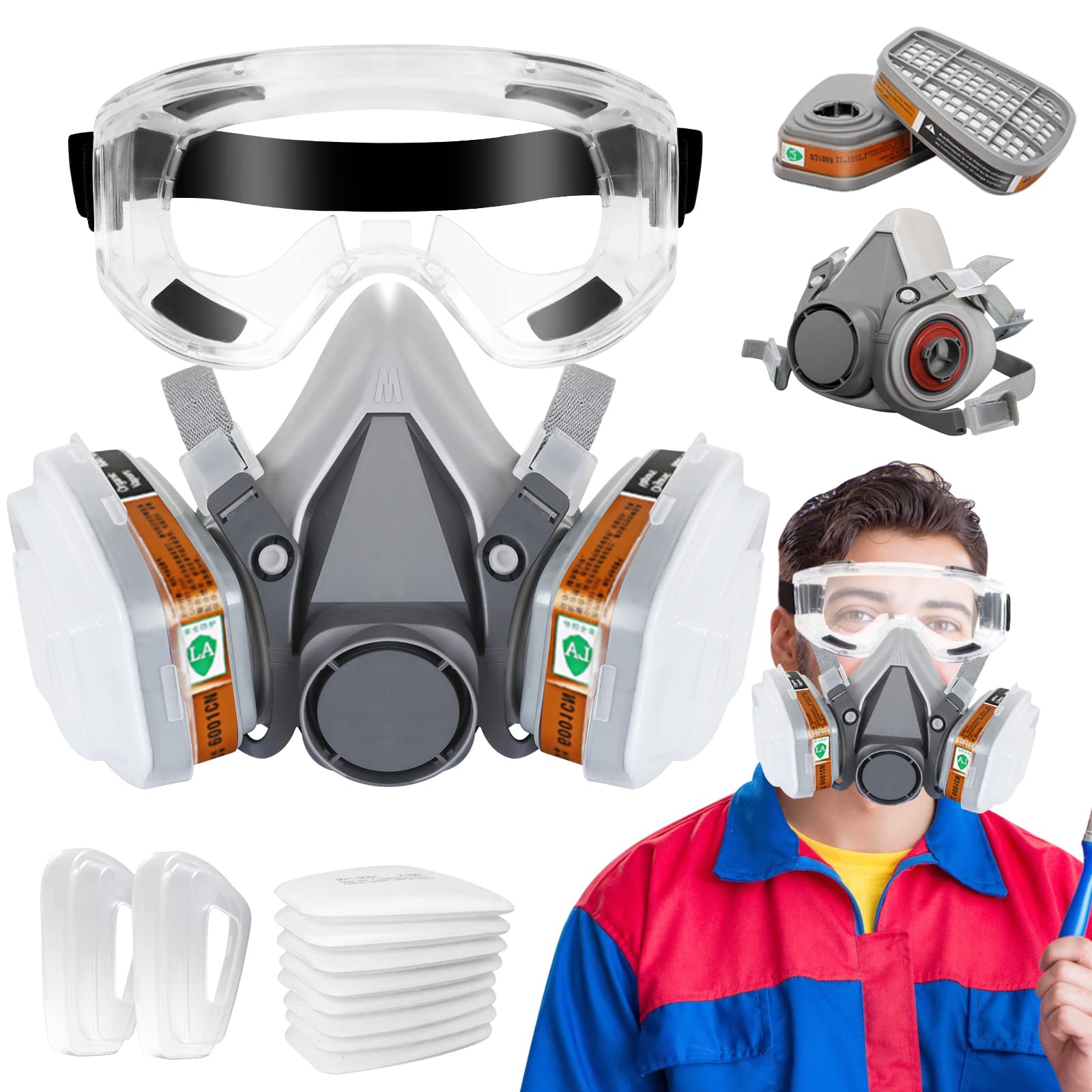 Reusable Half Face Cover Set with Safety Goggles and 8 Active Cotton Respirator Filters for Sanding, Staining, Epoxy Resin, Welding, Woodworking