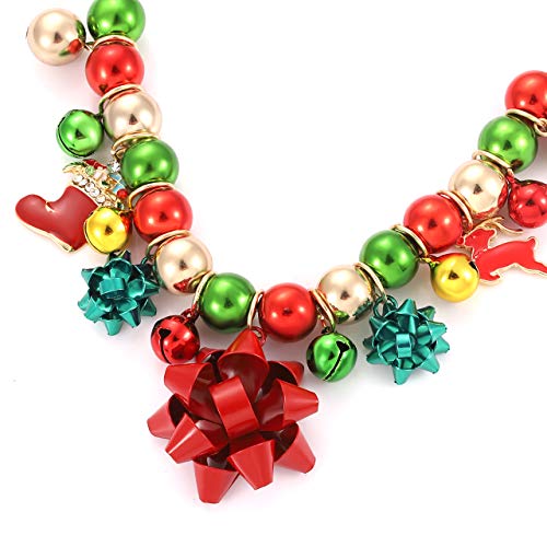 JERTOCLE Christmas Necklace Earrings Set Statement Xmas Charm Jingle Bell Chunky Collar Gift Bow Pendant Necklace Stud Earrings Set (gift bow)
