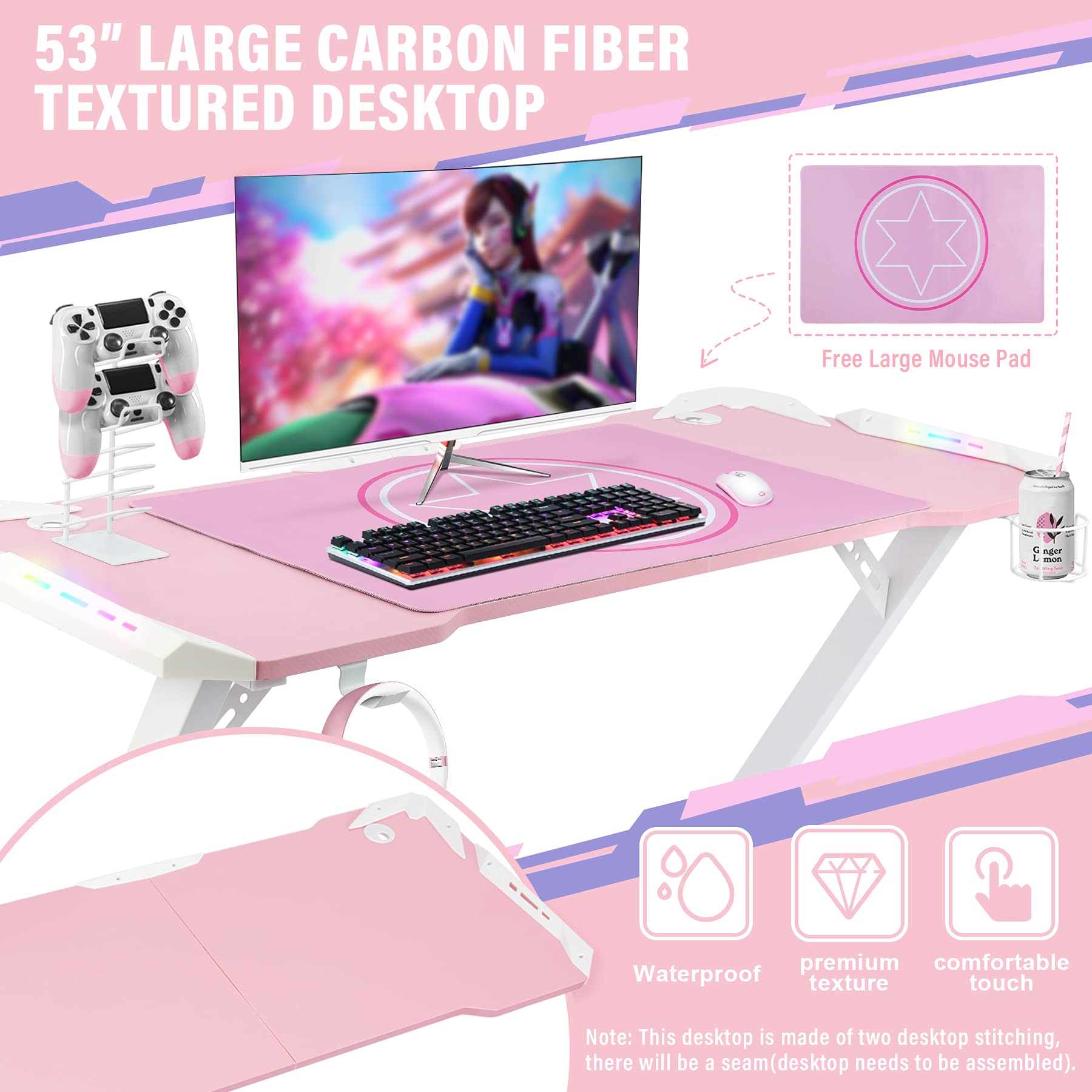 YOUTHUP Gaming Desk with LED Lights, 55 Inch Z Shaped Game Desk for PC Gamer, Ergonomic Racing Style Computer Table Workstation with Remote Control, Headphone Hook, Cup Holder, Handle Rack, Pink